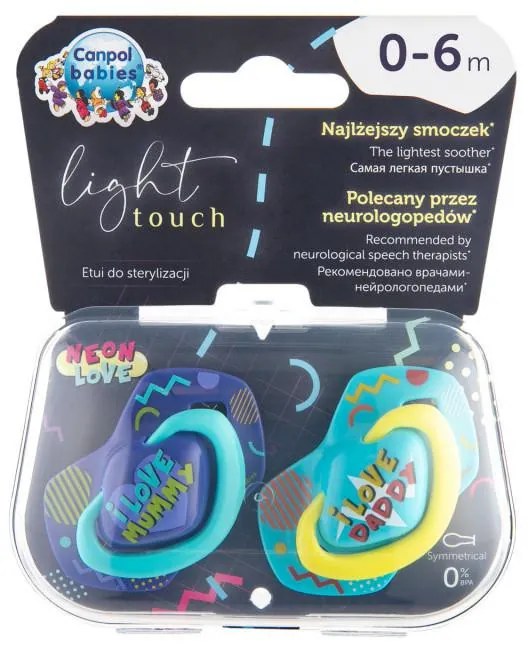 Canpol babies Silikonová šidítka symetrická set Light touch NEON LOVE růžové 18 m+