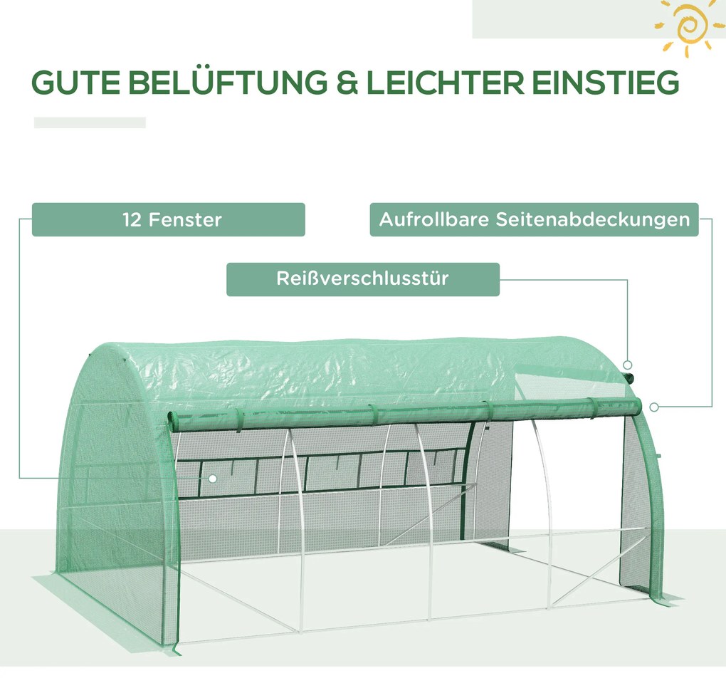 Outsunny polytunelový skleník 3,97x3x2m Walk-in, UV ochrana, rolovací kryty, ocel, zelený| Aosom