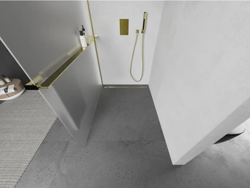 Mexen Kioto+ L, sprchová zástěna Walk-In s poličkou a věšákem 100 x 200 cm, 8mm sklo námraza, zlatý lesklý profil, 800-100-123-50-30
