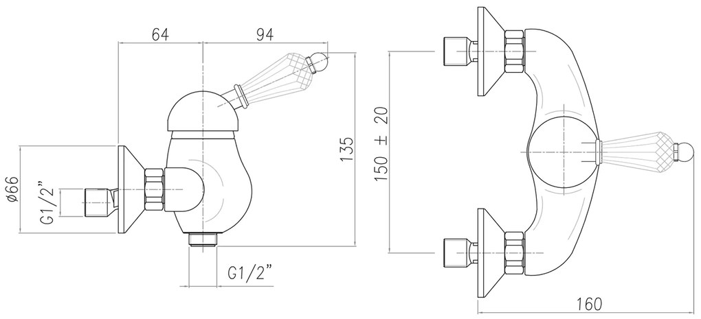 SAPHO KIRKÉ CRYSTAL nástěnná sprchová retro baterie, páčka krystal, chrom KI11KC