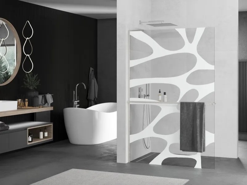 Mexen Kioto+ L, sprchová zástěna Walk-In s poličkou a věšákem 70 x 200 cm, 8mm čiré sklo bílý vzor, broušená ocel profil, 800-070-123-97-97
