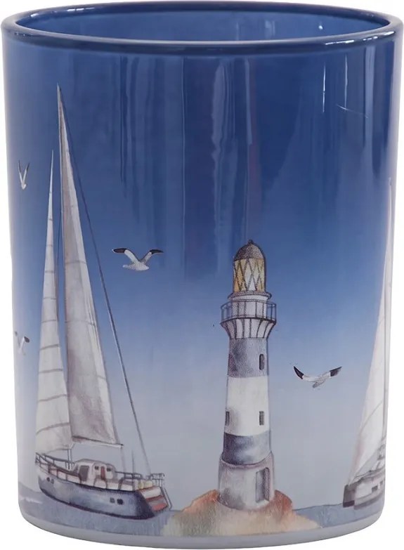 Modrý skleněný svícen s plachetnicí M - Ø 10*13 cm