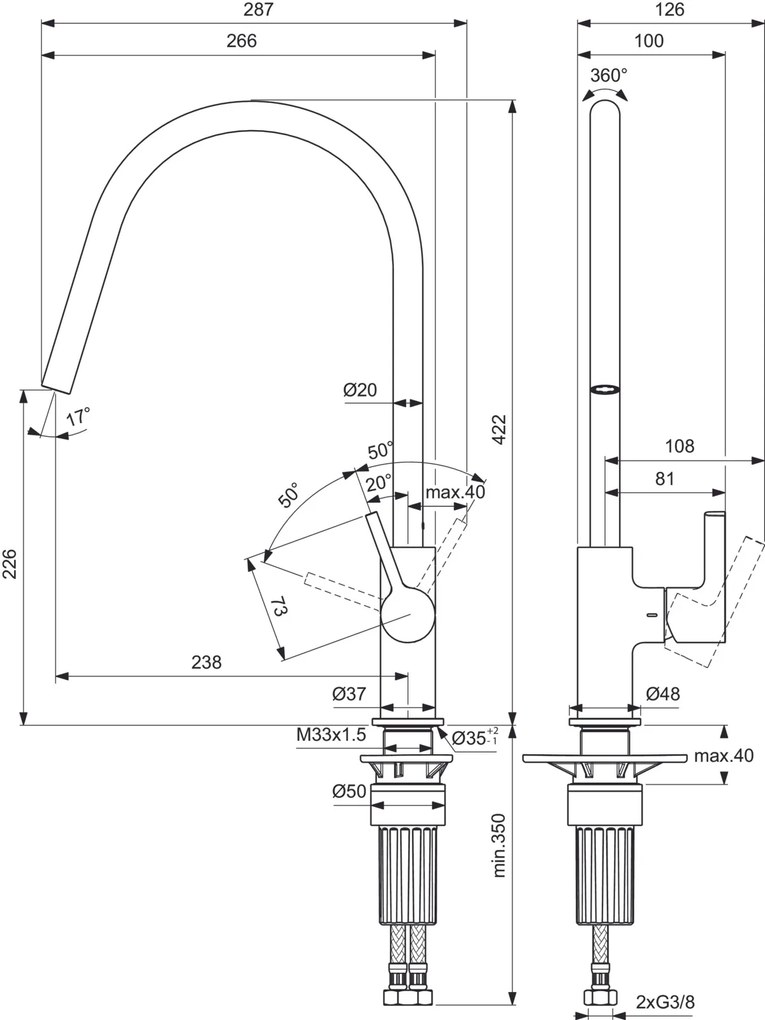 Ideal Standard Gusto - Dřezová baterie s vysokým otočným výtokem, ušlechtilá ocel BD408GN