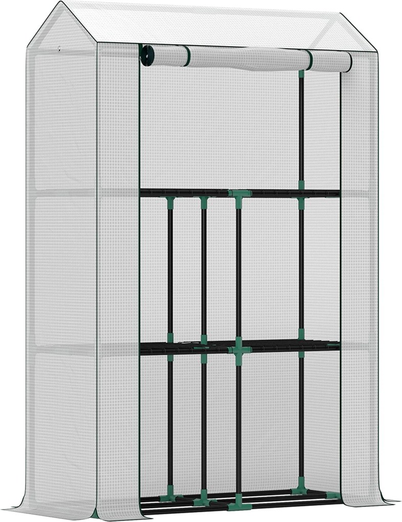 Zelený dům Outsunny se policemi a rolovacími dveřmi, zimní ocelový rám, skleník pro balkon, zahradu, rajčatový skleník s UV ochranou 100x40x150cm, skl