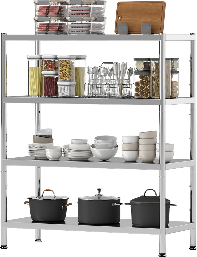 HOMCOM kuchyňský regál se 4 nastavitelnými úrovněmi ve 10 výškách, z nerezové oceli, 91x40x108 cm, stříbrná