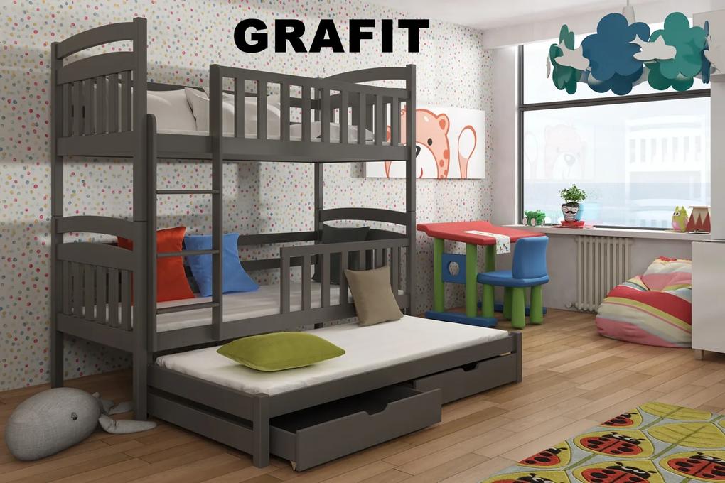 Patrová postel VIKI 90x200 cm s přistýlkou a úložným prostorem GRAFIT