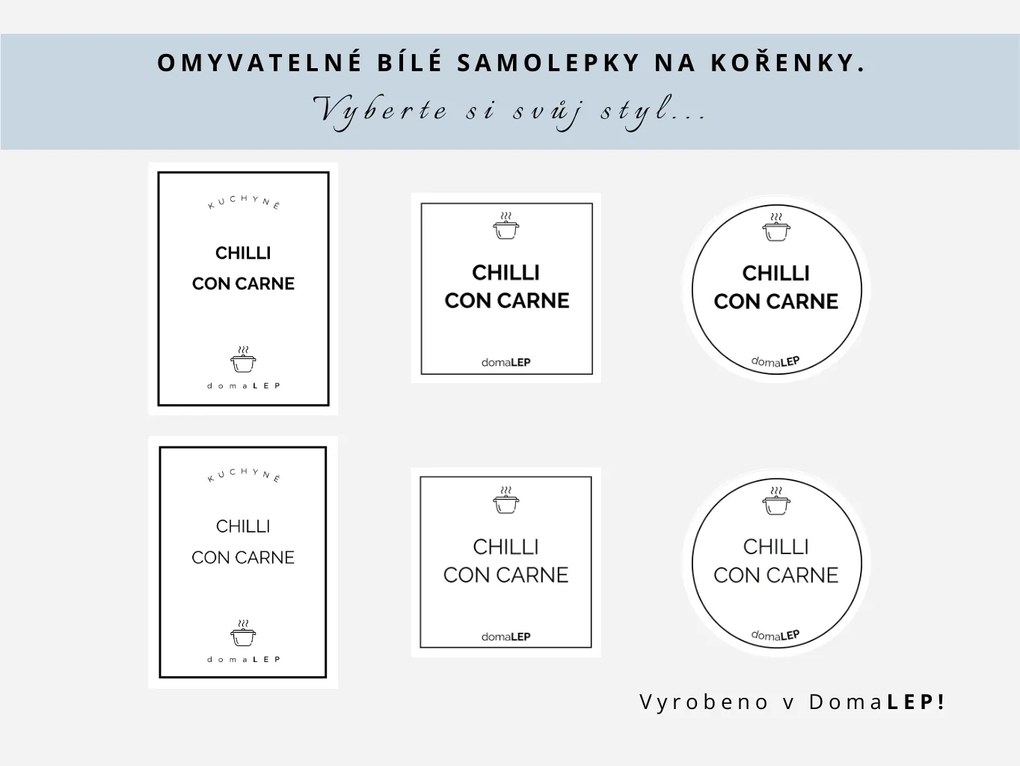 CHILLI CON CARNE - omyvatelná samolepka na kořenky, výběr rozměrů Ø 5 cm / 5 x 5 cm / 6 x 8 cm | DomaLEP tvar: OBDÉLNÍK, barva: BÍLÁ - ČERNÉ písmo, velikost: š. 6 cm x v. 8 cm - tučné písmo