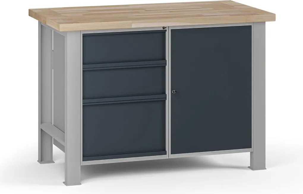 Dílenský pracovní stůl G7, buková spárovka, 1200 x 685 x 840 mm, 1x skříňka, 3 zásuvky, grafit
