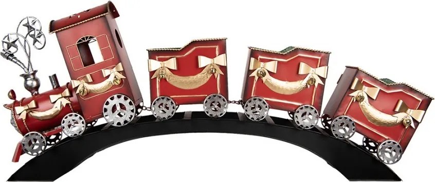 Červená kovová dekorace vláček na kolejích Christmas Train - 108*18*44 cm
