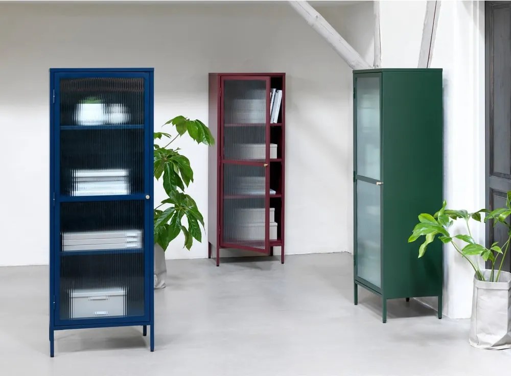 Modrá kovová vitrína Unique Furniture Bronco, výška 160 cm