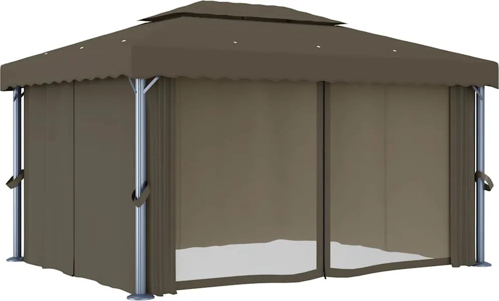 Altán se závěsy a světelnými LED řetězy 4 x 3 m taupe 3070357