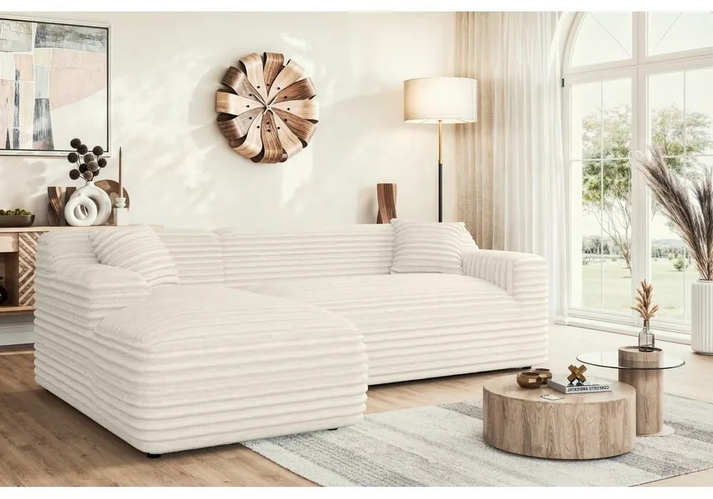 Krémová manšestrová rohová pohovka (levý roh/s lenoškou) Martin – Ropez