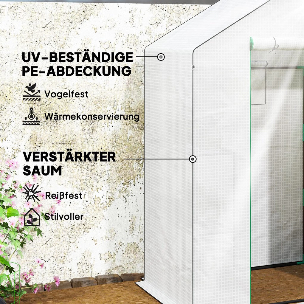 Outsunny Skleník s policemi, miniskleník, odolný proti UV záření, síťované okno, dveře na zip, 143L x 74W x 190H cm, bílý