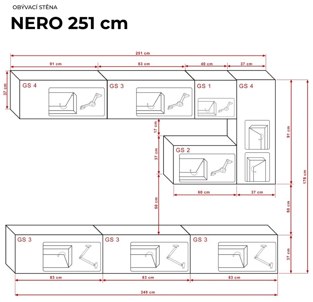 Ral Obývací stěna NERO 1, 251 cm - Černo/bílý lesk