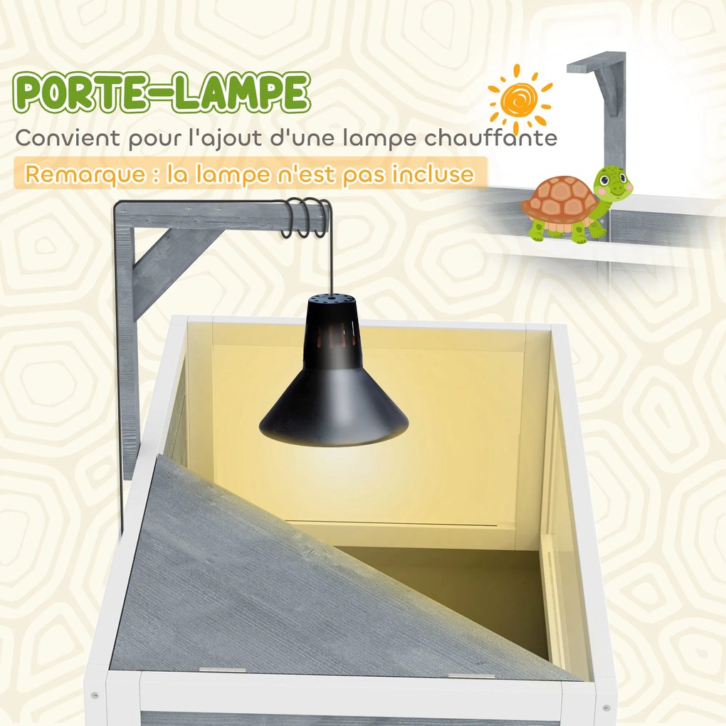 PawHut zvýšený dům pro želvy s 2 zónami, otevíracím víkem, držákem na lampu a panoramatickým výhledem – 84,5 × 47,5 × 90 cm (šedý)