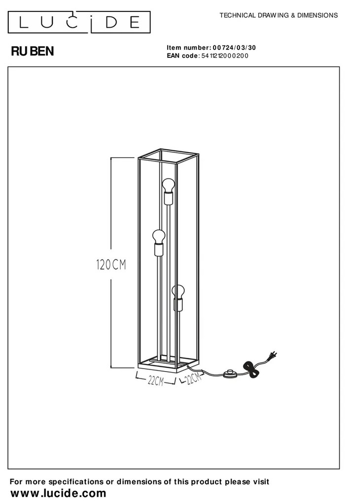 Lucide 00724/03/30 stojací lampa Ruben, černá, 3xE27, 120cm