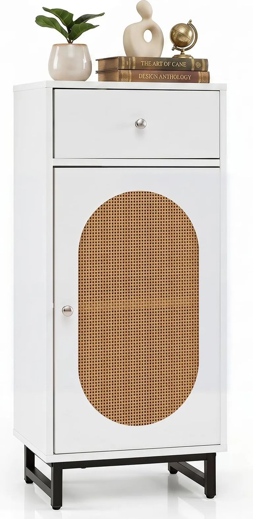 Costway Ratanový noční stolek s dvířky a zásuvkou Boho s – 40 × 30 × 91 cm