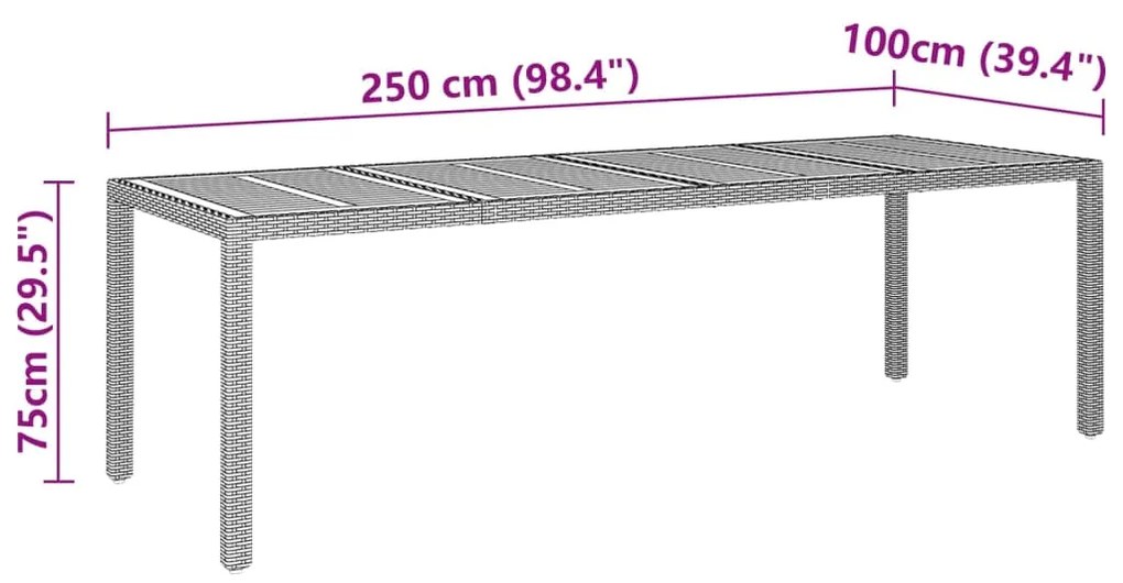 vidaXL Zahradní stůl šedý 250 x 100 x 75 cm polyratan a masivní akácie