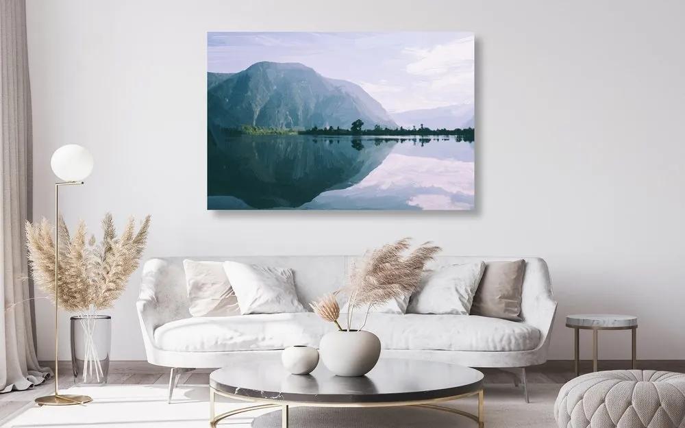 Obraz malovaná scenérie horského jezera - 60x40 cm