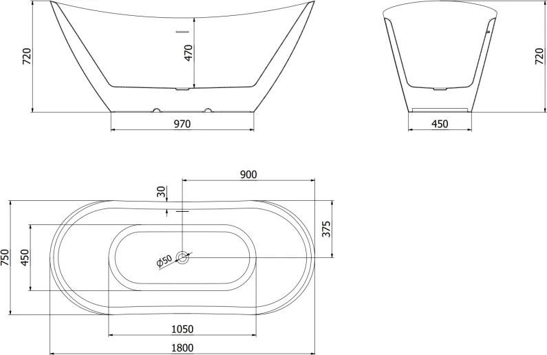 Mexen Lotos, volně stojící vana 180 x 75 cm, bílá, přepad broušený nikl, 52051807700-97