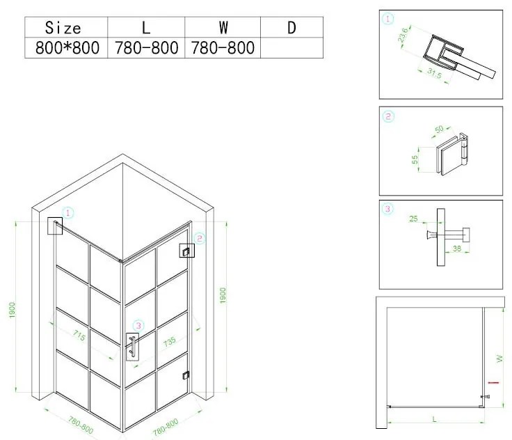 BPS-koupelny Čtvercový sprchový kout HYD-SK10A 80x80 černá/transparent - bez vaničky