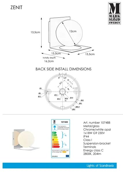 Markslöjd 107488 - Koupelnové nástěnné svítidlo ZENIT 1xG9/18W/230V IP44