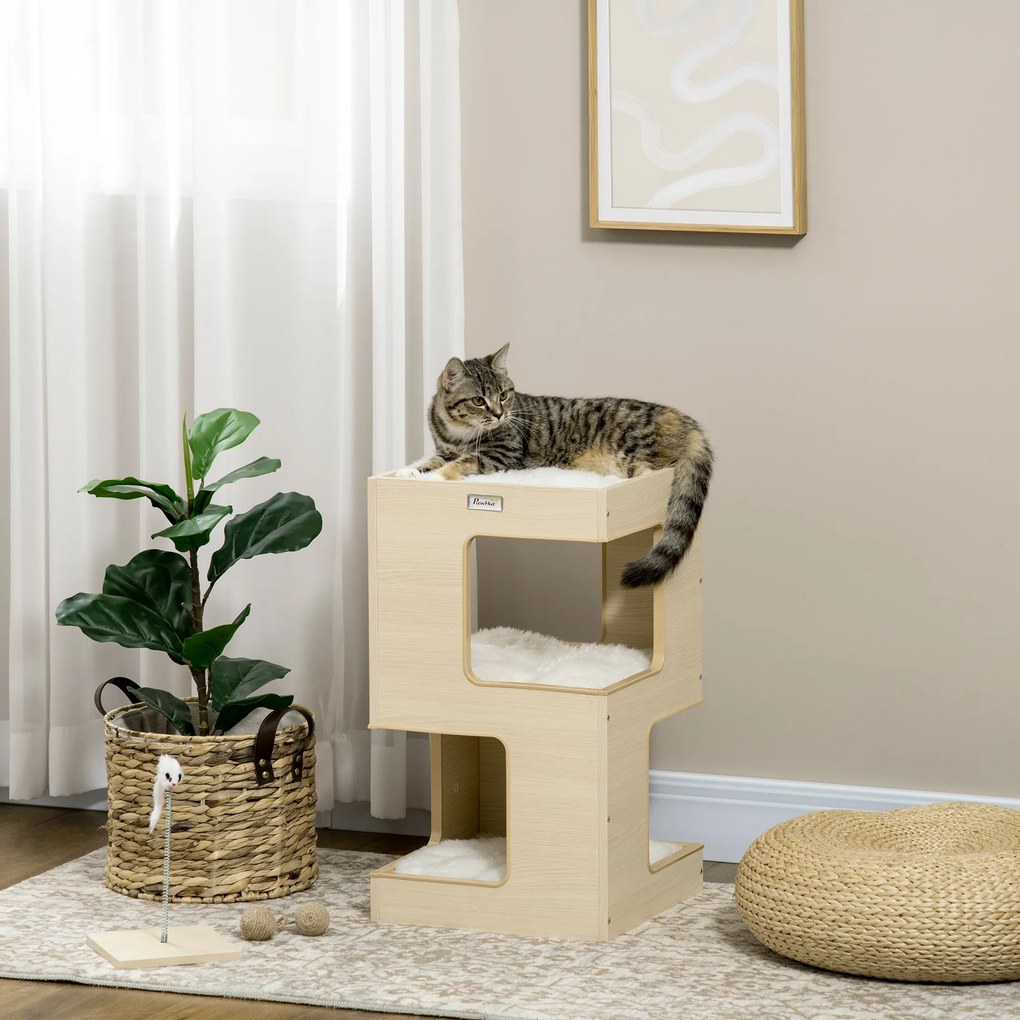 PawHut cat cave třípatrová skříňka pro kočky vnitřní domeček pro kočky s polštáři a hračkami z dubového dřeva 34x34x60 cm pro milovníky koček