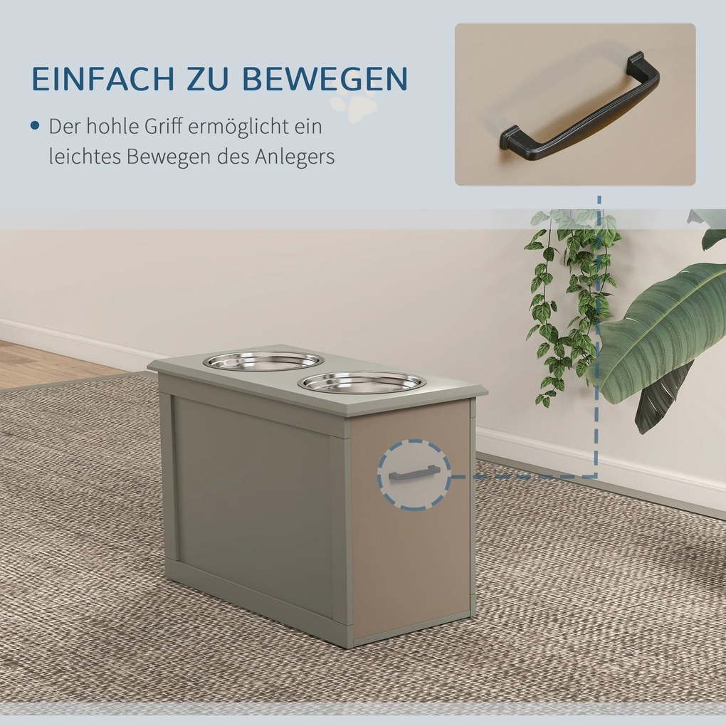Zvýšená krmící stanice PawHut pro psy s úložným prostorem a vodní miskou 2 x 2000ml nerezových misek pro psy a kočky Šedá