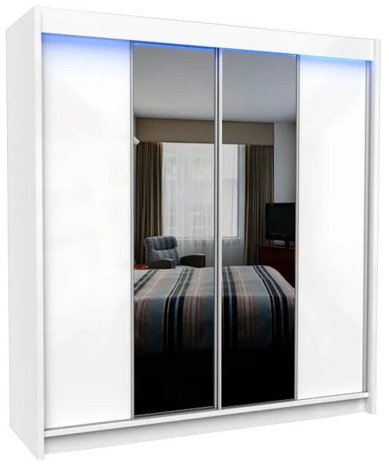 Skříň s posuvnými dveřmi a zrcadlem LUZON + Tichý dojezd, 200x216x61, bílá