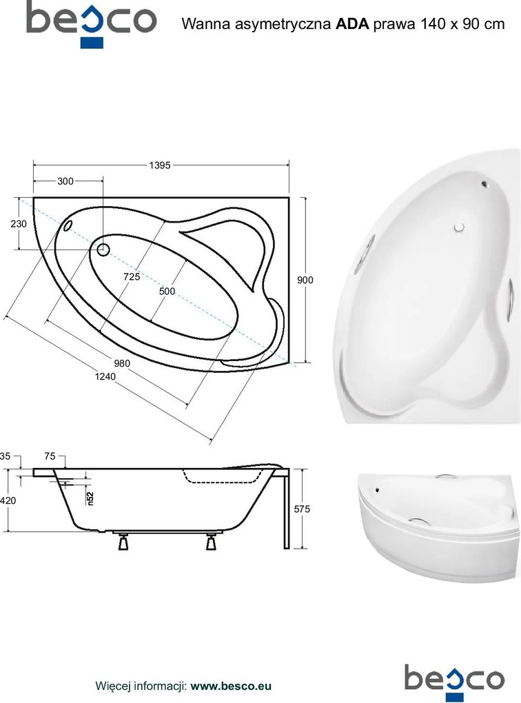 Besco ADA 140 cm VANADA140P vana bez nožiček pravá Koupelny Bernold