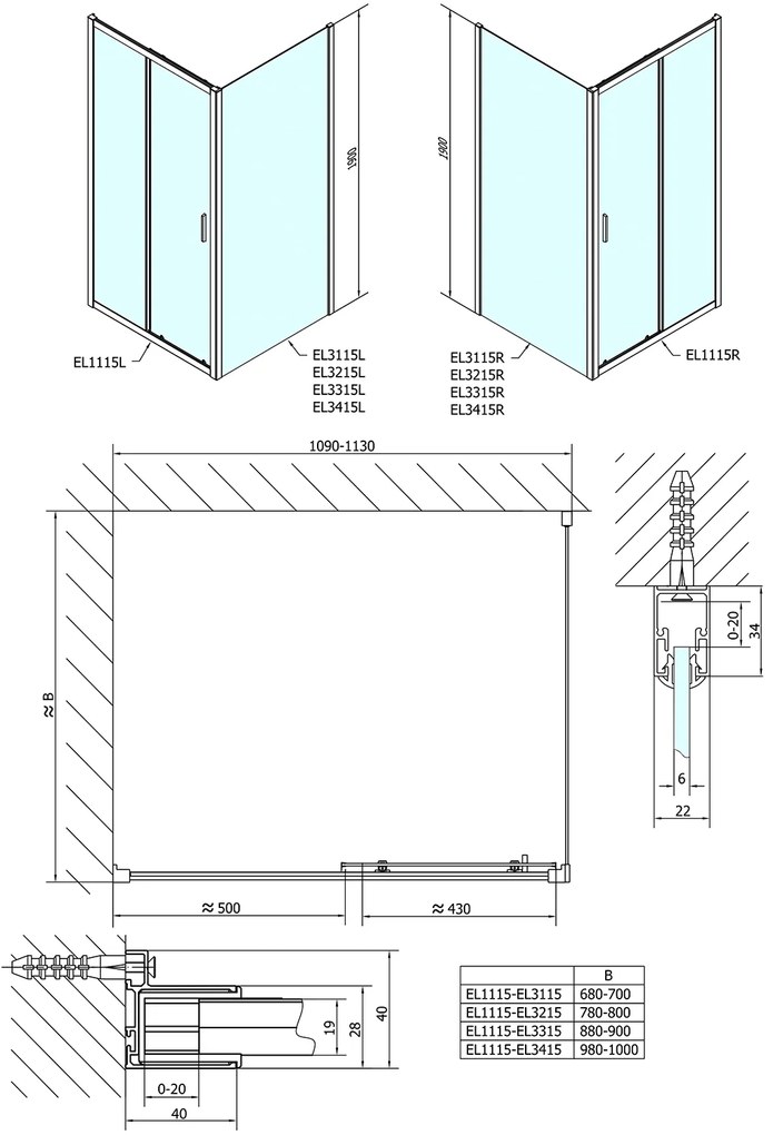 Polysan, Easy Line obdélníková sprchová zástěna 1100x1000mm L/P varianta, EL1115EL3415