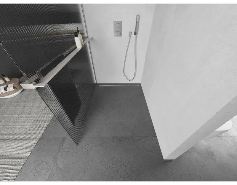 Mexen Kioto+ L, sprchová zástěna Walk-In s poličkou a věšákem 70 x 200 cm, 8mm sklo s žebrovým vzorem, broušená ocel profil, 800-070-123-97-09