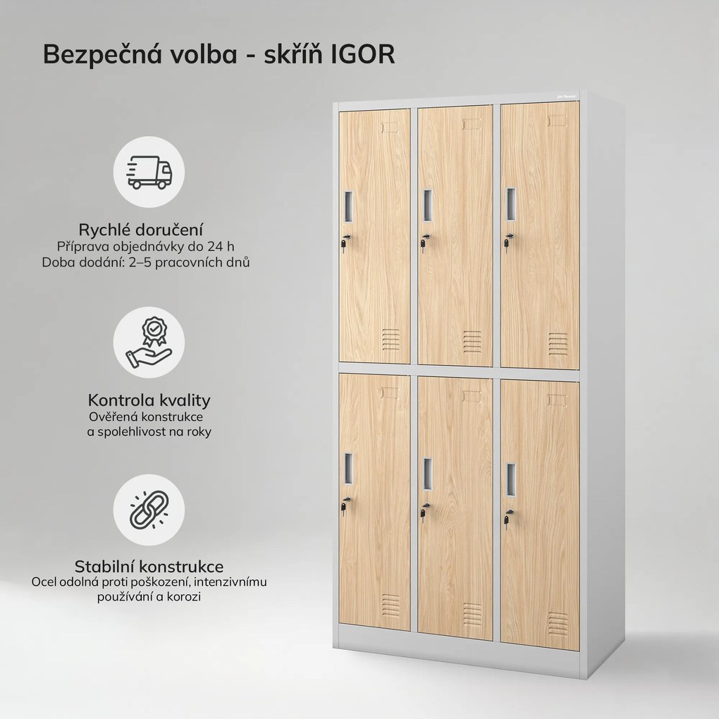Šatní skříň BHP šedá / dub sonoma, 6dveřová: Eco Design IGOR, 900 x 1850 x 450 mm