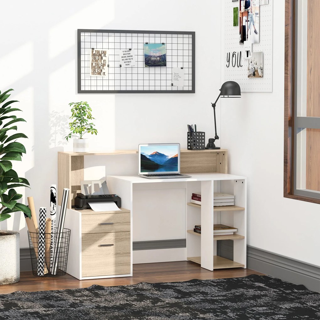HOMCOM Počítačový stůl 137x55x92 cm s 3 policemi, 2 zásuvkami a stojanem na tiskárnu pro domácí kancelář