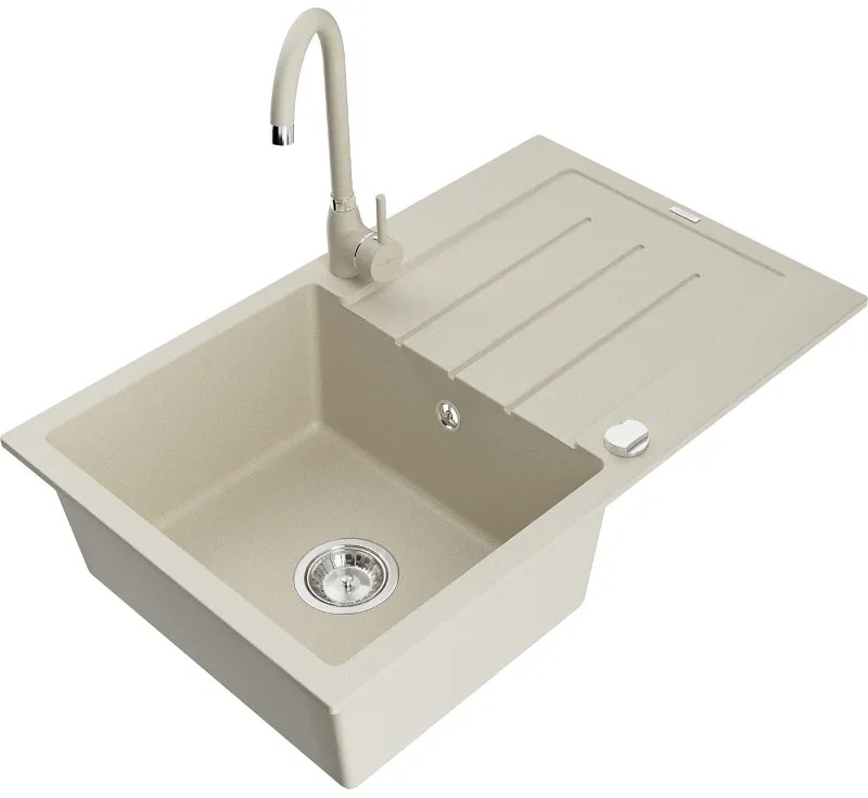 Mexen Bruno, 1-komorový granitový dřez s odkapávačem 80x50 cm a kuchyňskou baterií Telma, béžová, 6513-69-670200-69