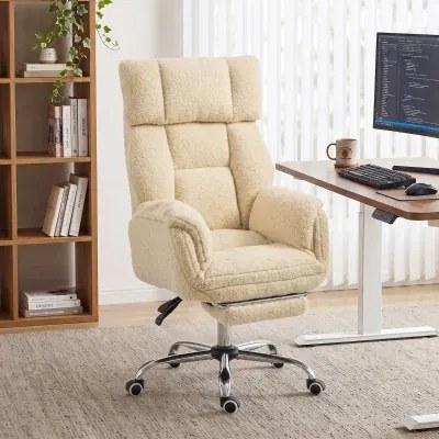 HOMCOM ergonomická kancelářská židle s 5násobně sklápěcími opěrkami rukou, sklopná kancelářská židle z plyšové látky, krémová