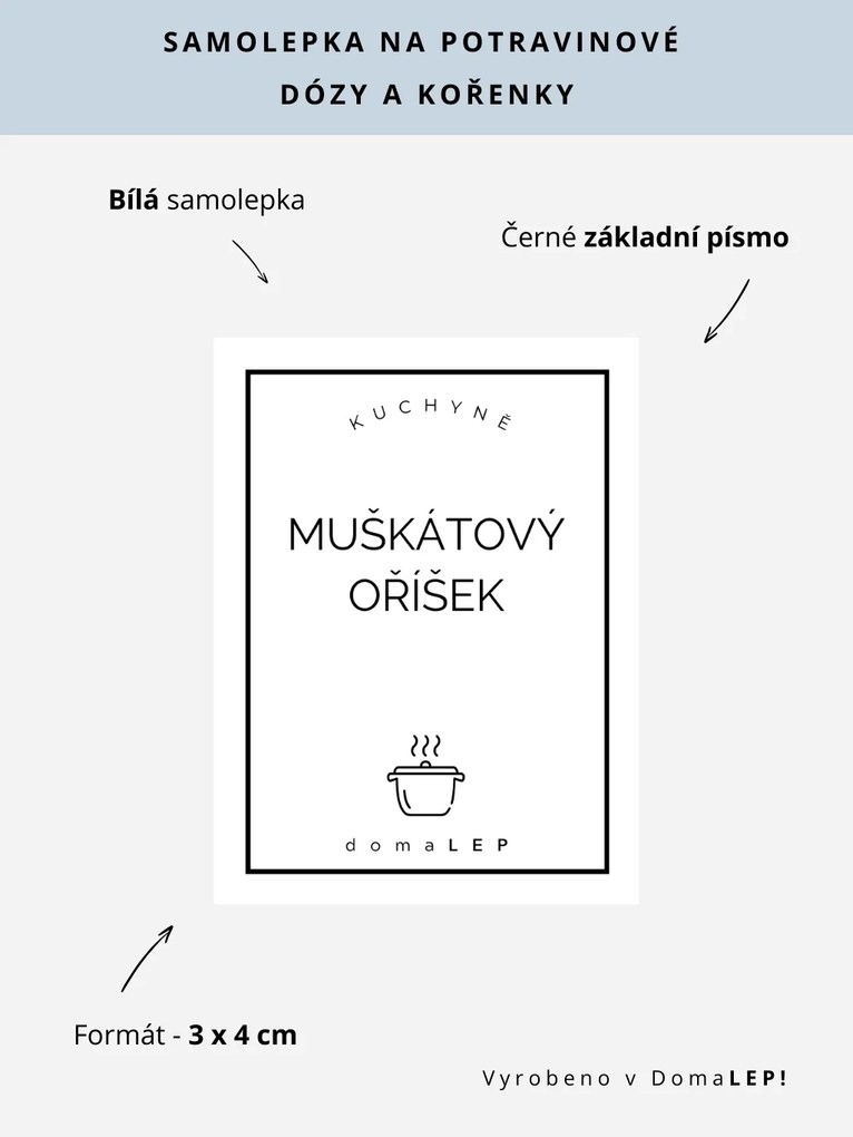 Samolepka na kořenky MUŠKÁTOVÝ OŘÍŠEK bílá 3 × 4 cm základní písmo