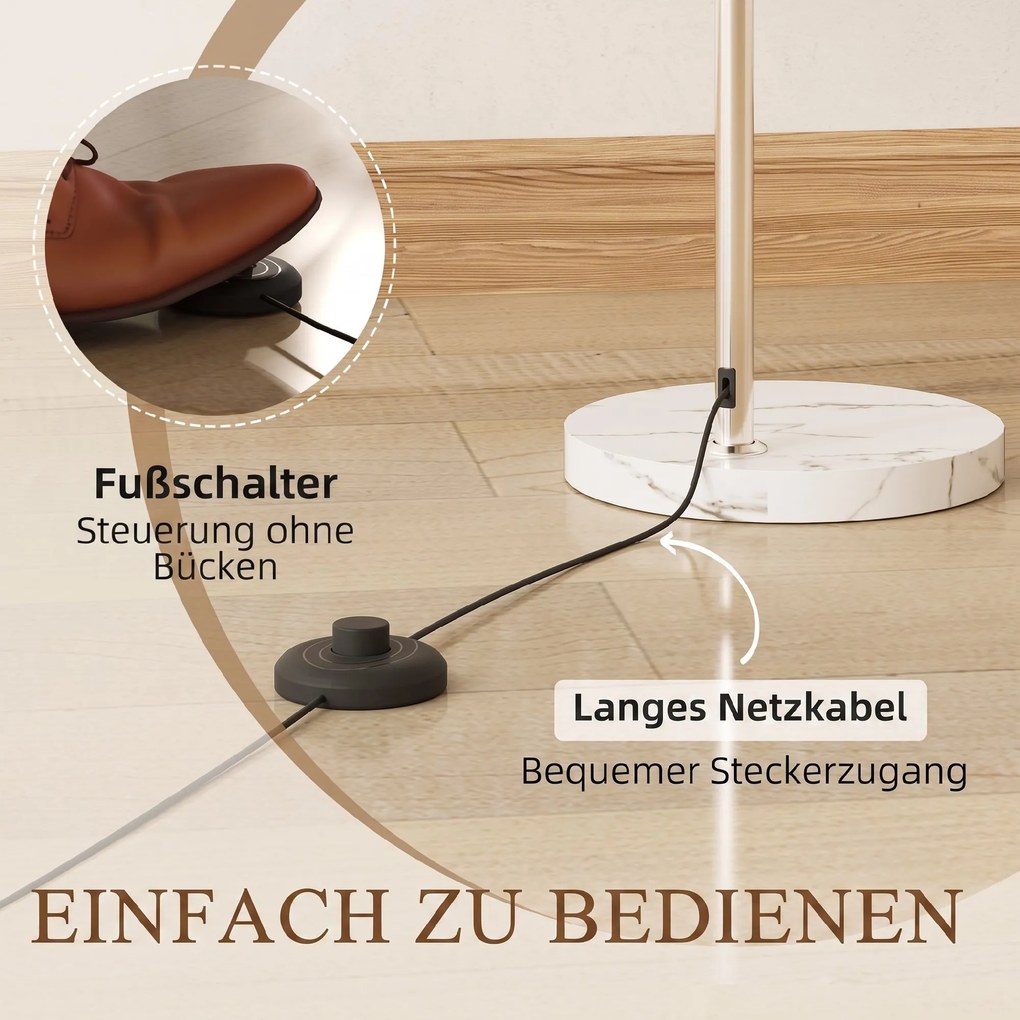 HOMCOM Stojací lampa, ohnutá hlava, nožní spínač, mramorový podstavec, plastový stínidlo, bílá