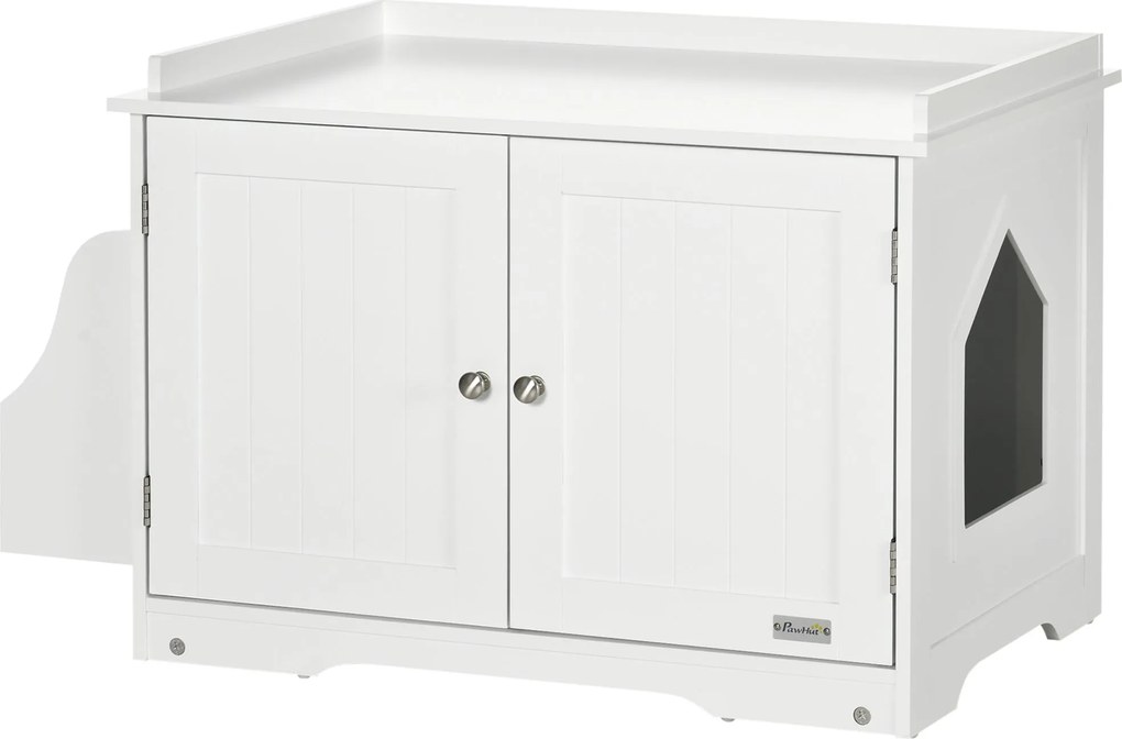 PawHut Kočičí Záchod Kabinet s Magnetickými Dveřmi, Kočičí Dům s Úložným Prostorem pro Střední Kočky 86 x 48 x 52 cm Bílý | Aosom
