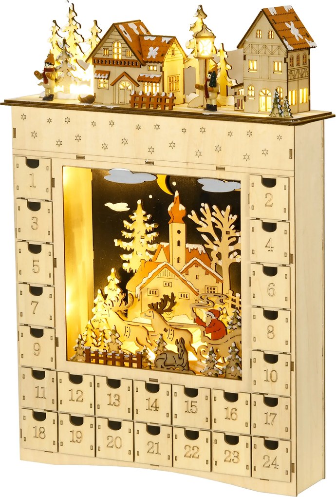 HOMCOM Adventní kalendář k naplnění, 24 šuplíků, přihrádky, vánoční kalendář s LED světly, přírodní dřevo, 36 x 9 x 52 cm