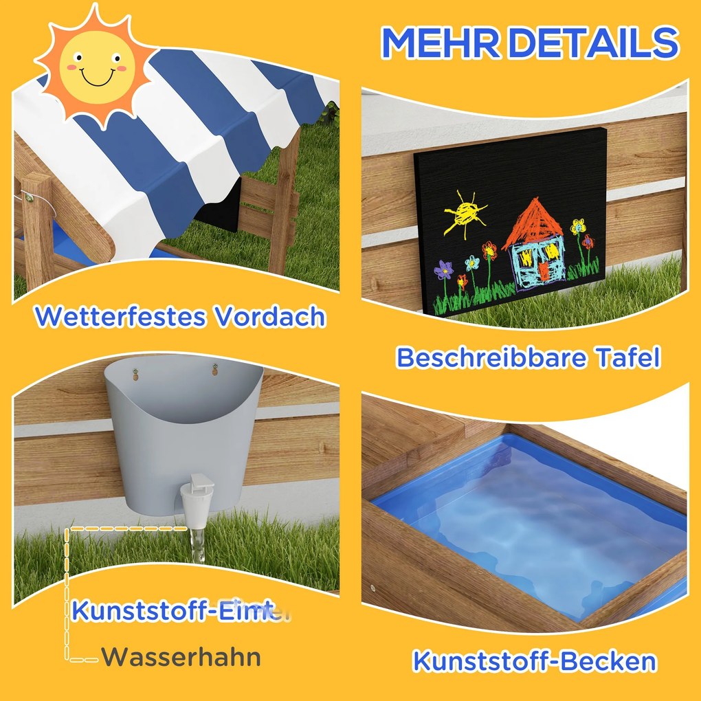 Outsunny Pískoviště s ochranou proti slunečnímu záření, design domečku na hraní, se sadou hraček, opracované masivní dřevo, 124 x 116 x 146 cm, hnědá…