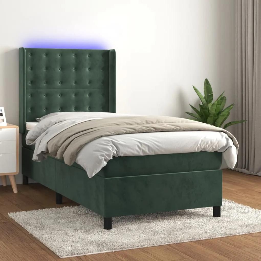Box spring postel s matrací a LED tmavě zelená 100x200 cm samet,  3139790