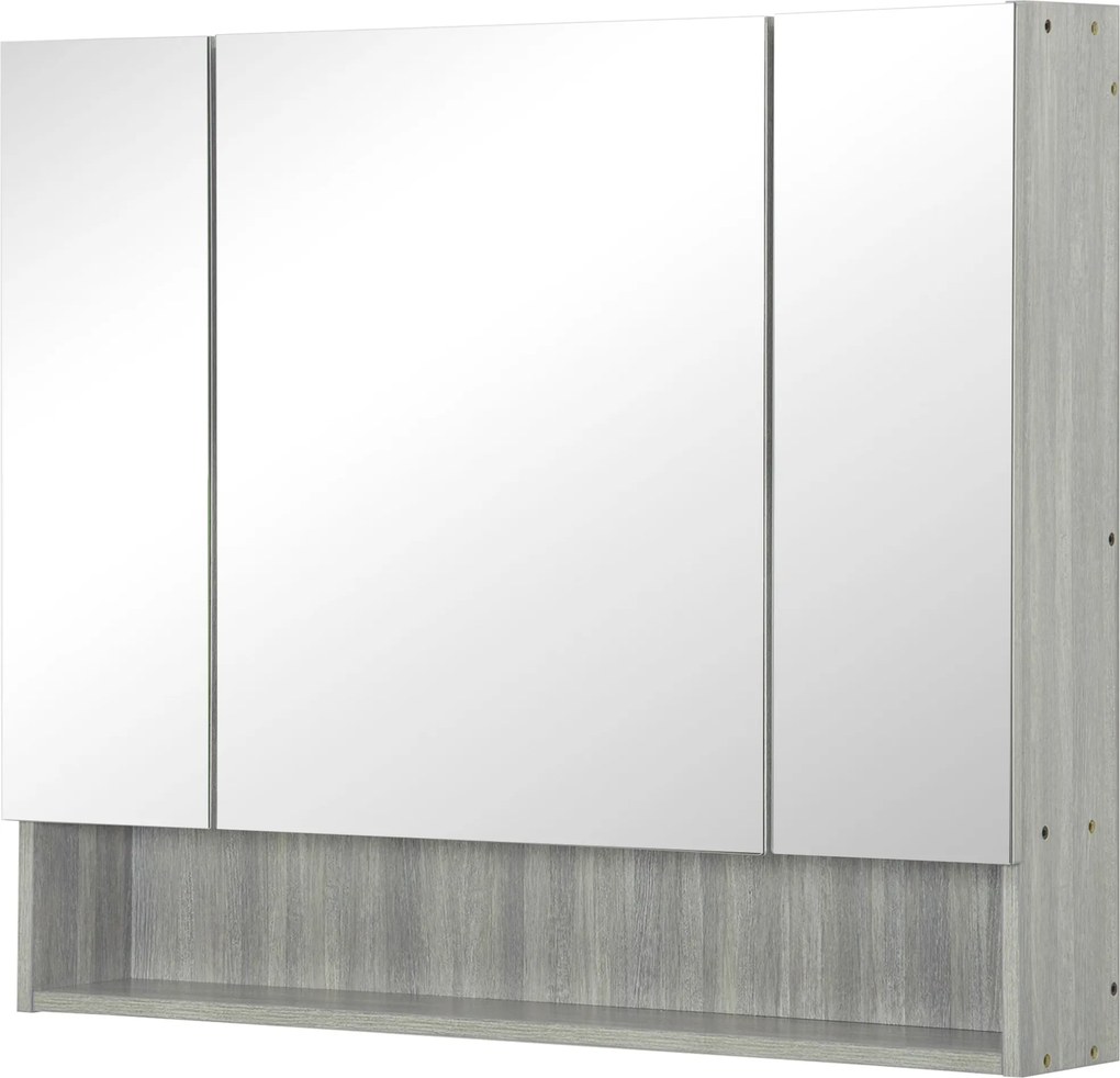 Zrcadlová skříňka Kleankin se 4 sekcemi a nastavitelnými policemi, koupelnové zrcadlo ze dřeva a skla, 90x15x75 cm, Šedá