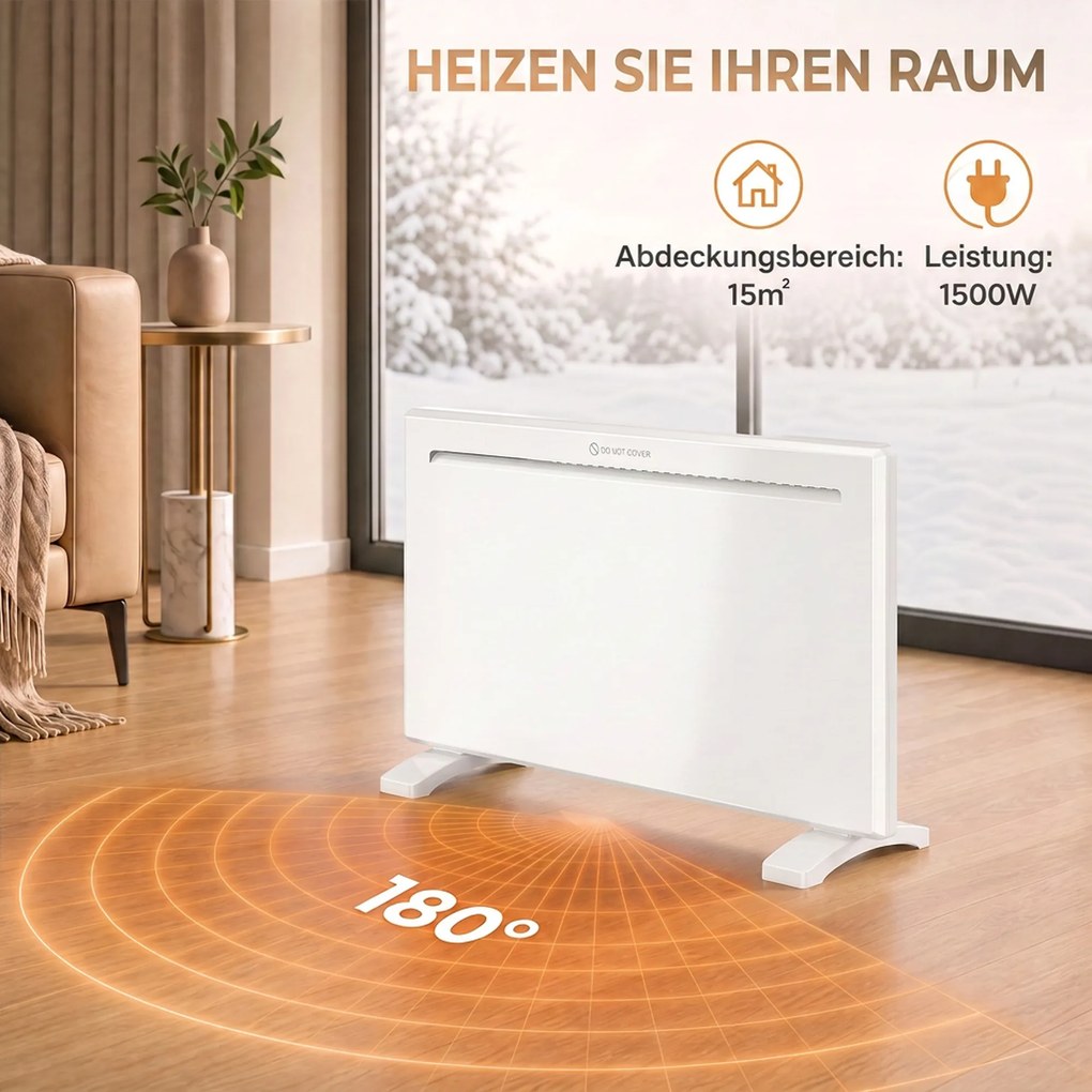 HOMCOM Inteligentní panelový ohřívač 1500 W, volně stojící / na stěnu, elektrický ohřívač s 7denním časovačem, detekce oken, ochrana proti mrazu, bílá