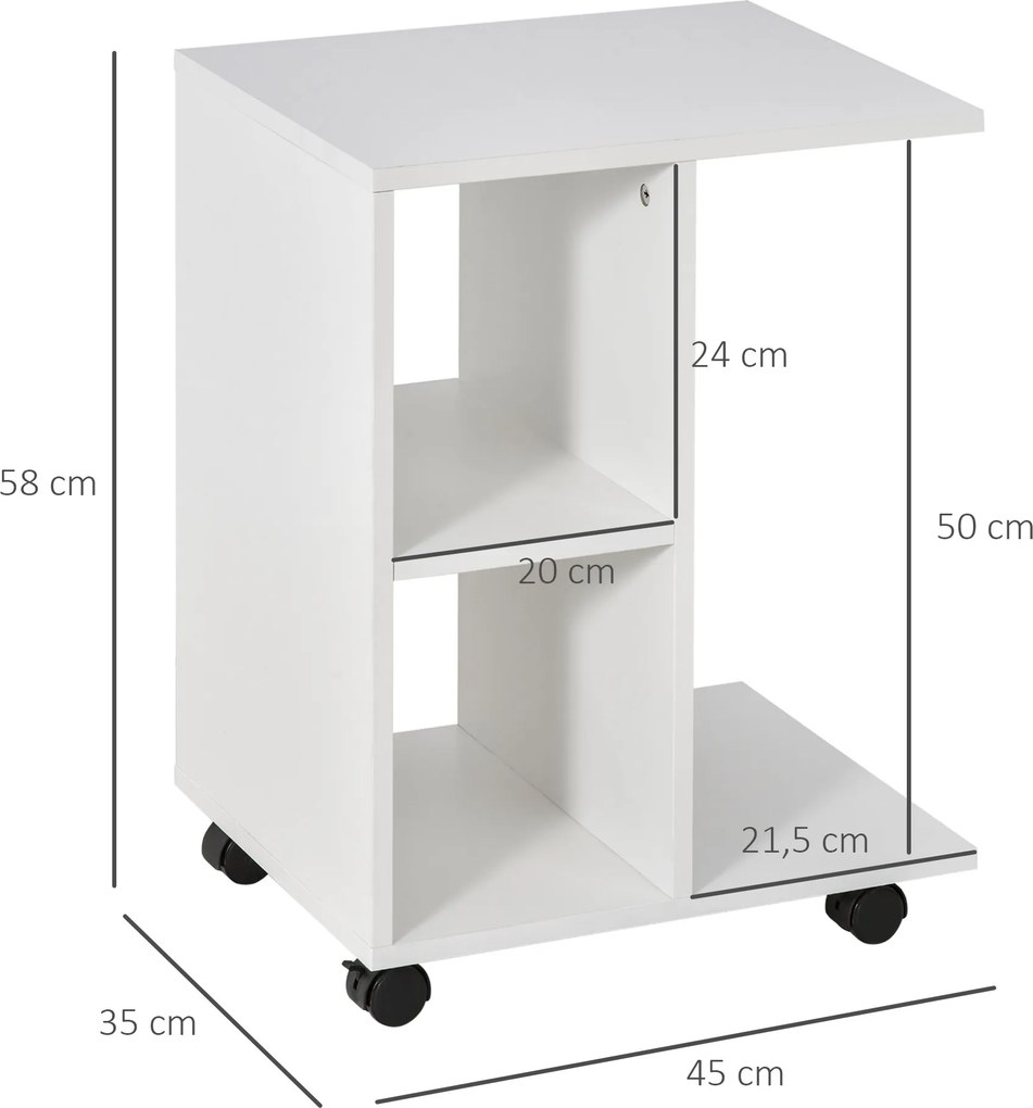 HOMCOM Moderní Malý Boční Stolek C-Tvaru s Kolečky a Otevřenými Policemi pro Obývací Pokoj a Ložnici 45x35x58 cm Bílý