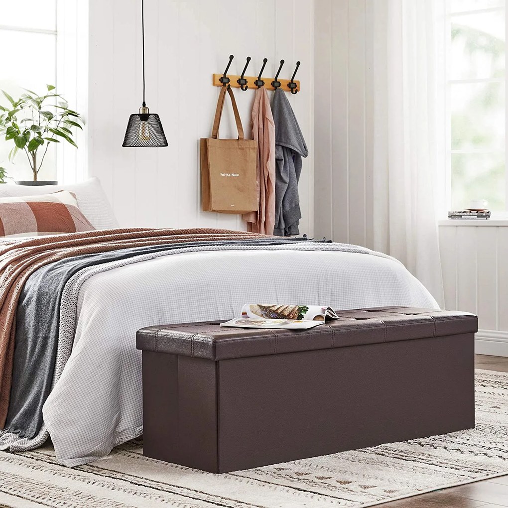Puf, skládací úložná lavice otoman 120l, 110 x 38 x 38 cm, hnědý