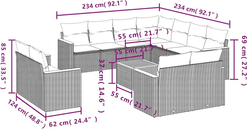 12dílná zahradní sedací souprava s poduškami černá polyratan 3258906