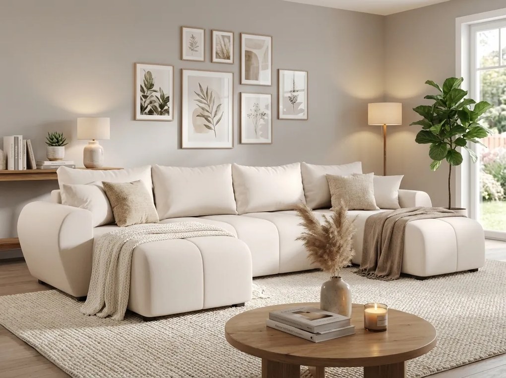Rozkládací sedací souprava do U SEVIO 311x145 cm, krémová + 2 polštářky ZDARMA