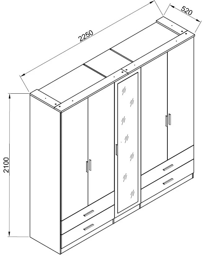 Šatní skříň se zrcadlem Savina 225 cm, dub artisan/šalvějová