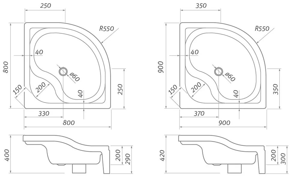 Čtvrtkruhová samonosná polohluboká sprchová vanička SEMIDEEP NEO 290 mm S 800 × 800 R550 SEMIDEEP NEO - SANIPRO /800 80 cm 200 mm 80 cm 8000197
